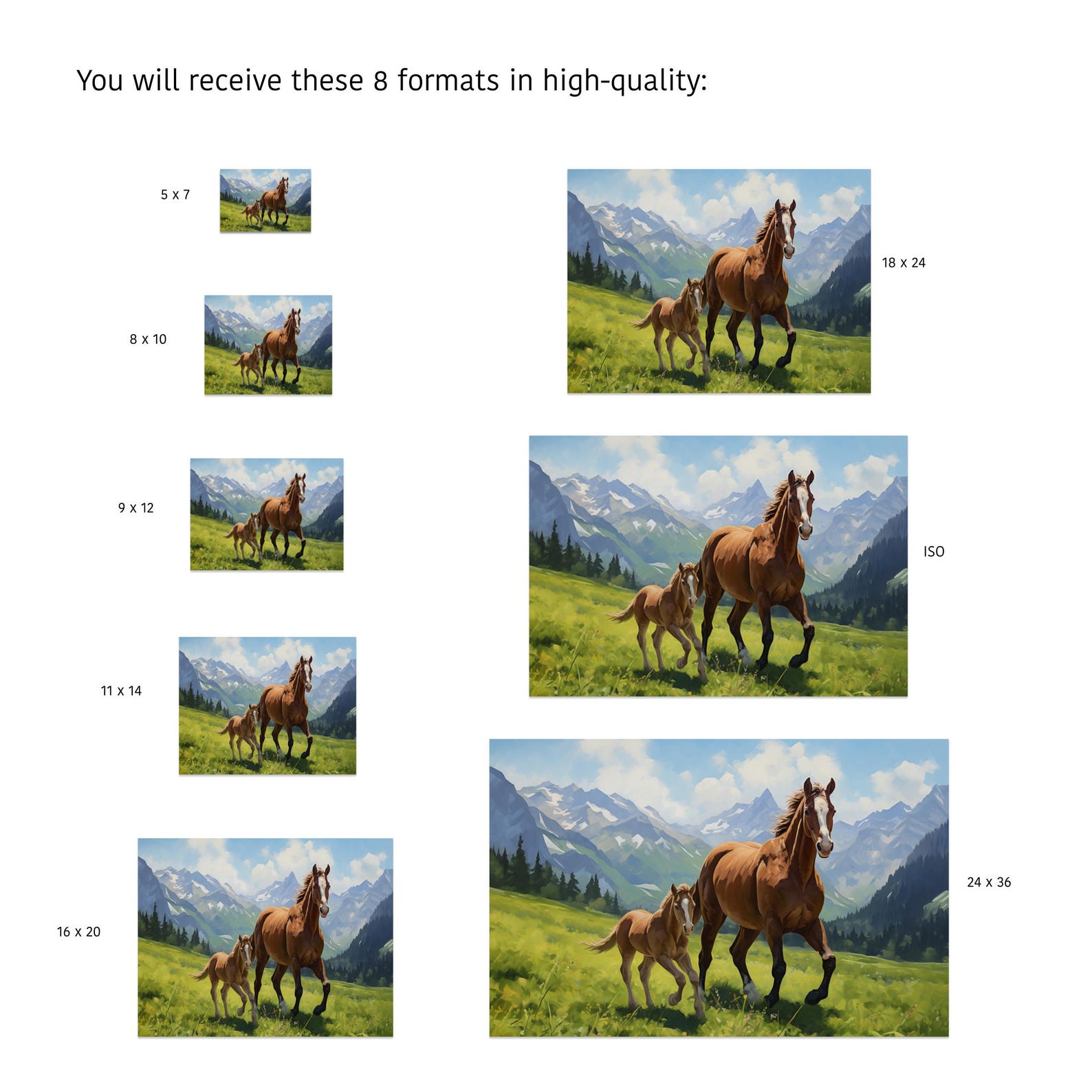 Mother and Baby Horse Art in Swiss Mountain Field - Equine Wall Print ...