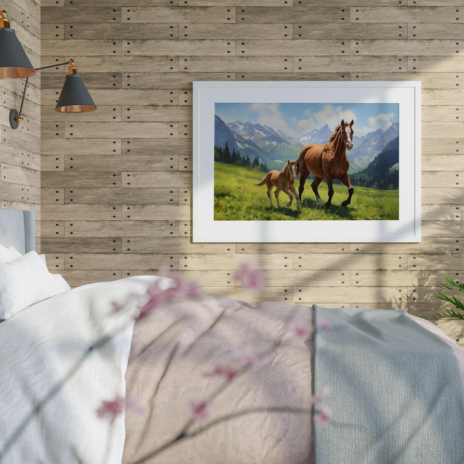 Mother and Baby Horse Art in Swiss Mountain Field - Equine Wall Print ...