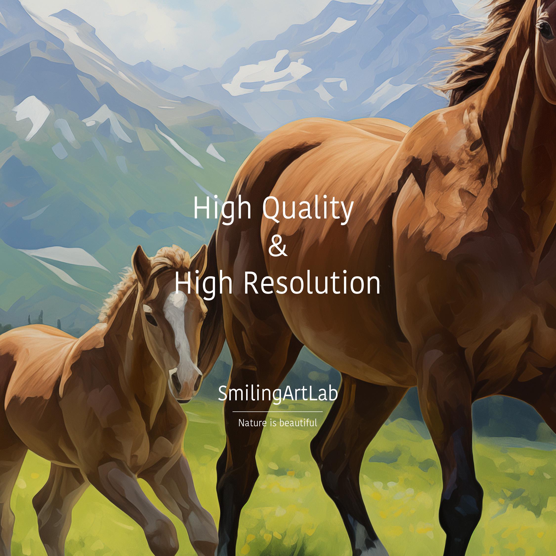 Mother and Baby Horse Art in Swiss Mountain Field - Equine Wall Print ...