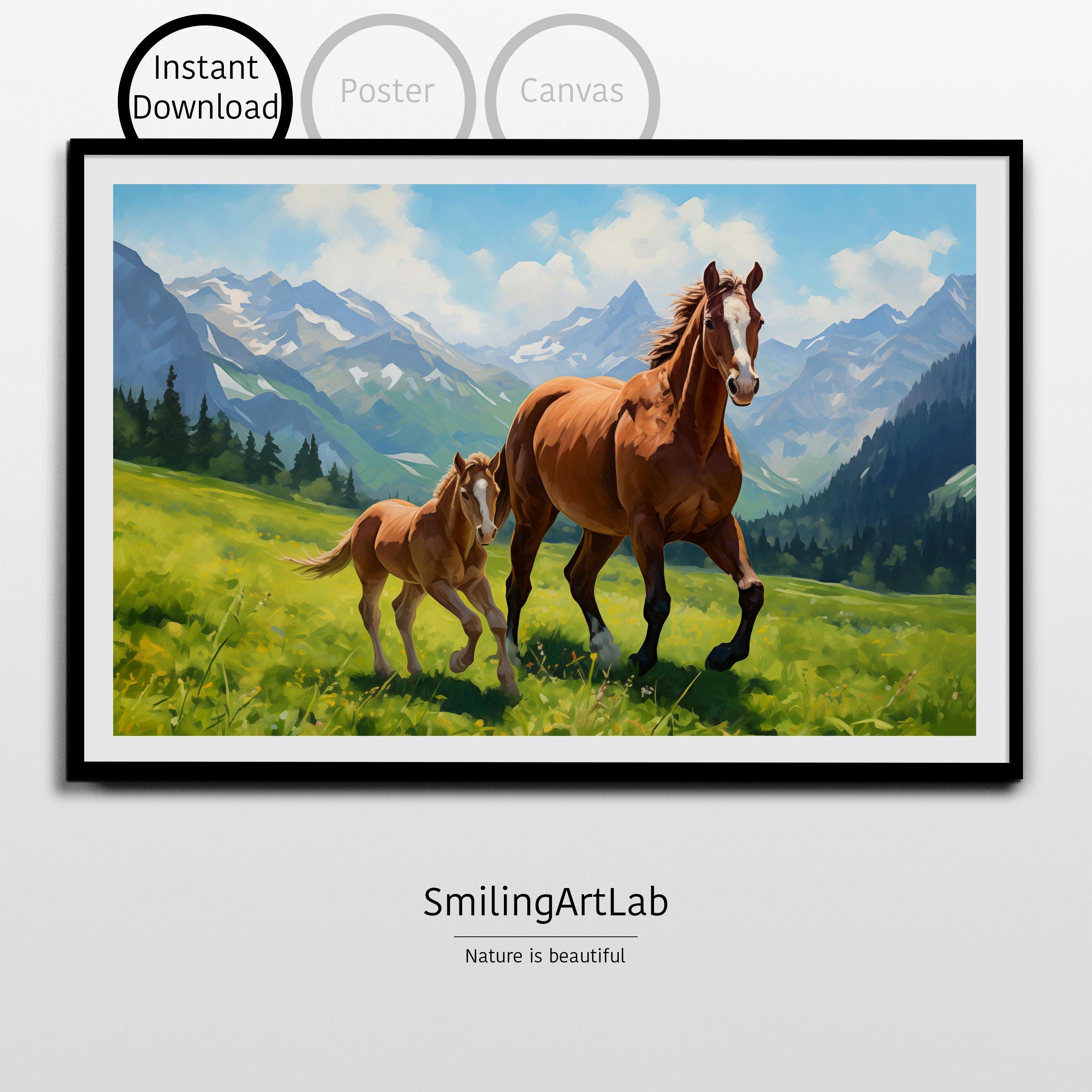 Mother and Baby Horse Art in Swiss Mountain Field - Equine Wall Print ...