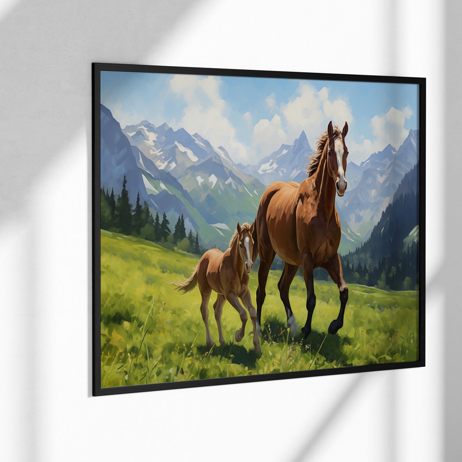 Mother and Baby Horse Art in Swiss Mountain Field - Equine Wall Print ...
