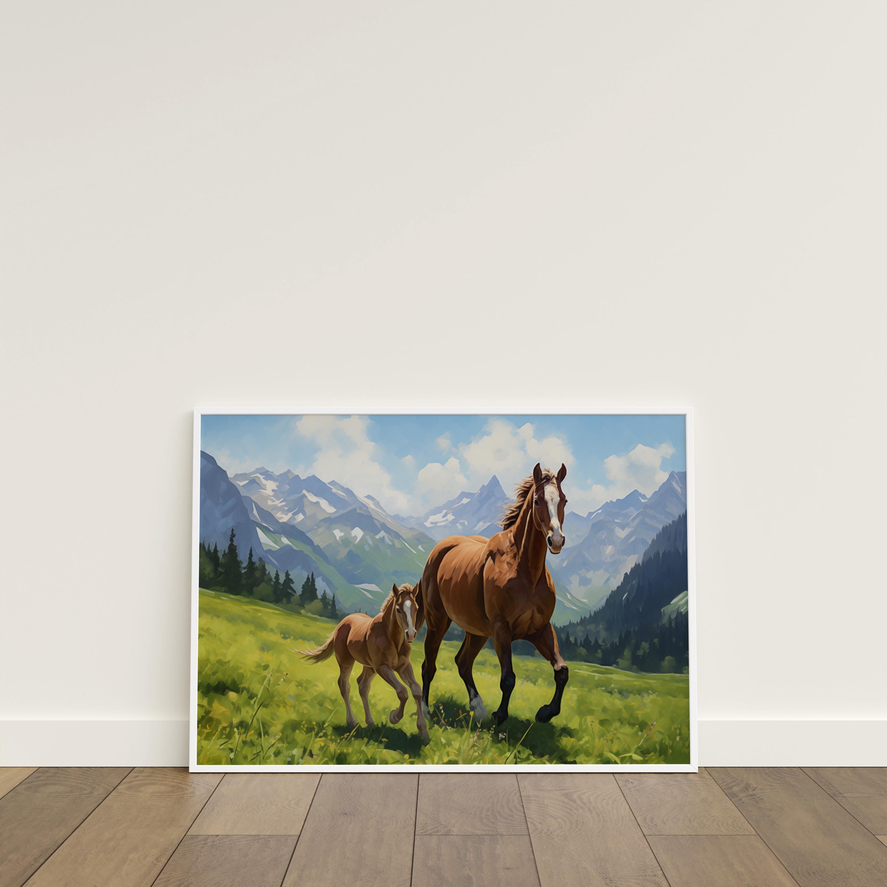 Mother and Baby Horse Art in Swiss Mountain Field - Equine Wall Print ...