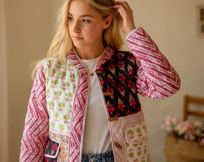 Patchwork Quilted Jacket, Floral Bohemian Style Fall Winter Jacket ...