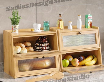 Double Layer Wooden Bread Box Bread Box Countertop Bread Display ...