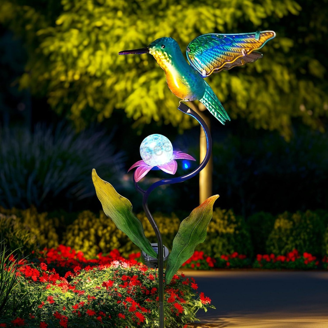 Outdoor Solar Metal Hummingbird Lights With Stake Garden Stake Metal ...