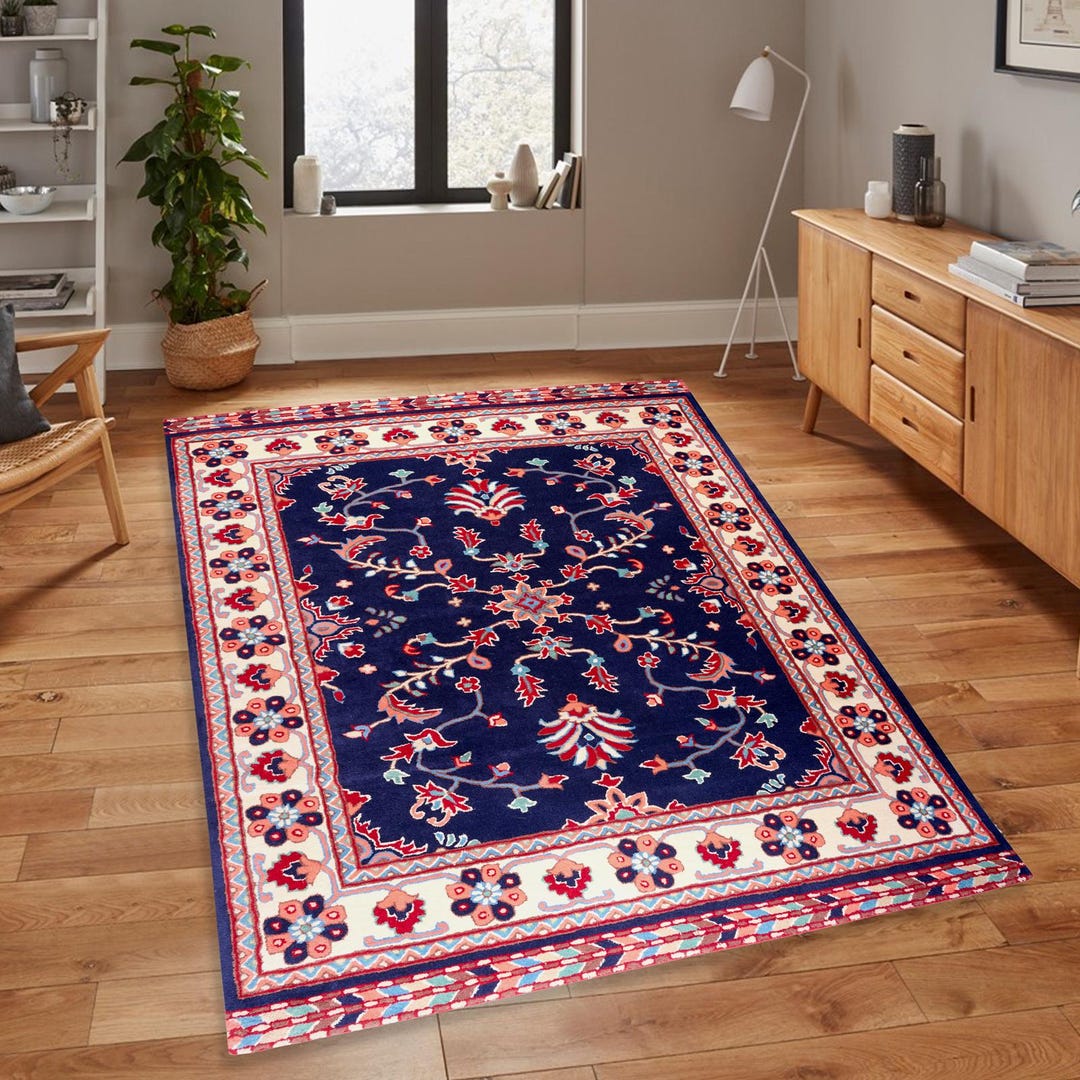 Premium Hand Tufted Rug, Blue White and Red Boho Rug, Designer Rug ...