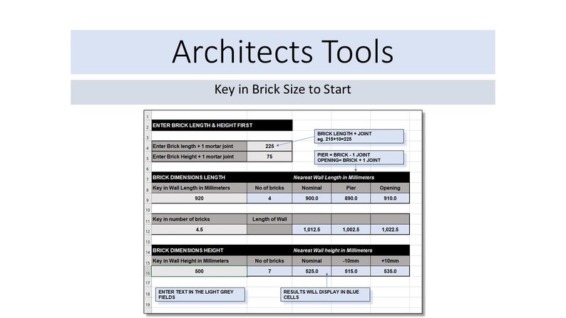 Template Excel Brickwork Dimensions Brick Dims Calculator for Architects. - Etsy