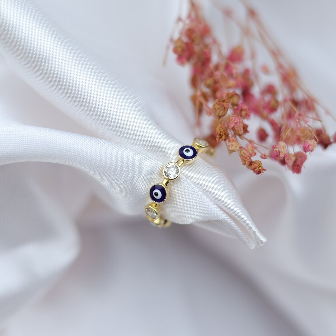 Minimalist 14k Solid Gold Eternity Evil Eye Band Ring , Stacking Gold ...