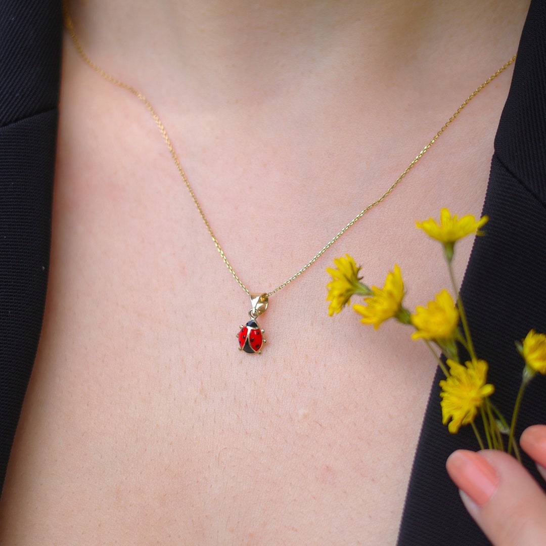 Handmade 14k Solid Gold Cute Red Ladybug Necklace for Womens ...