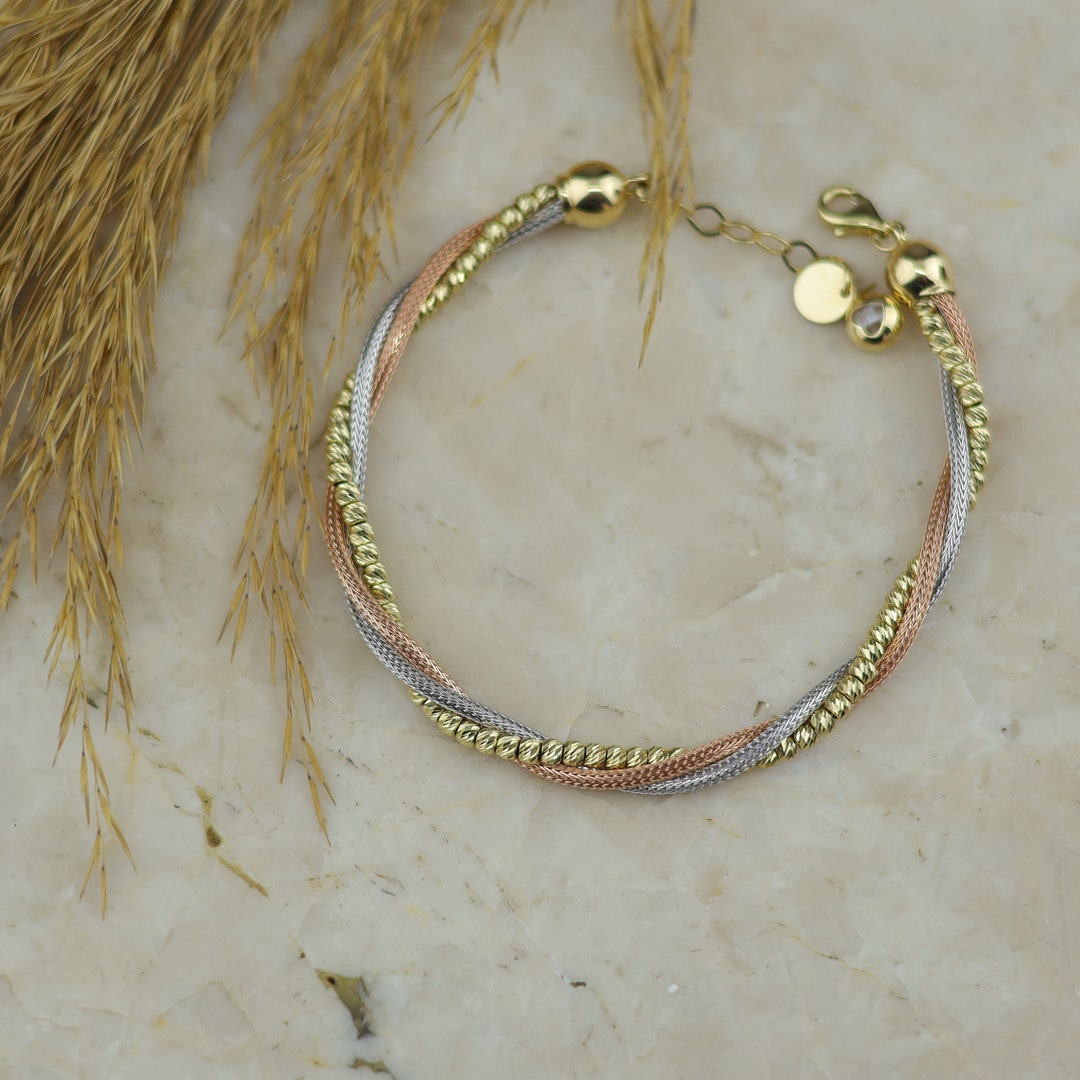 14k Solid Gold Tri Color Italian Dorica Ball Beaded Bracelet , Round ...
