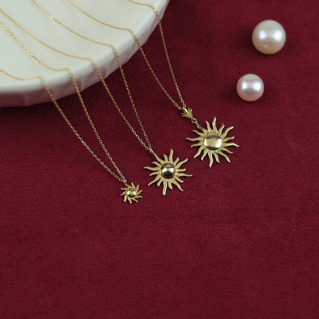 14k Gold Big Sun Charm Necklace , 14k Solid Gold Small Sunshine ...