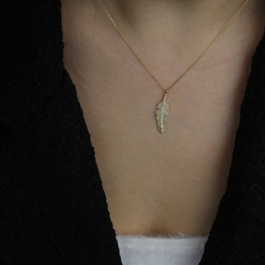 Unique 14k Solid Gold Feather Charm Necklace for Womens , Dainty Bird ...