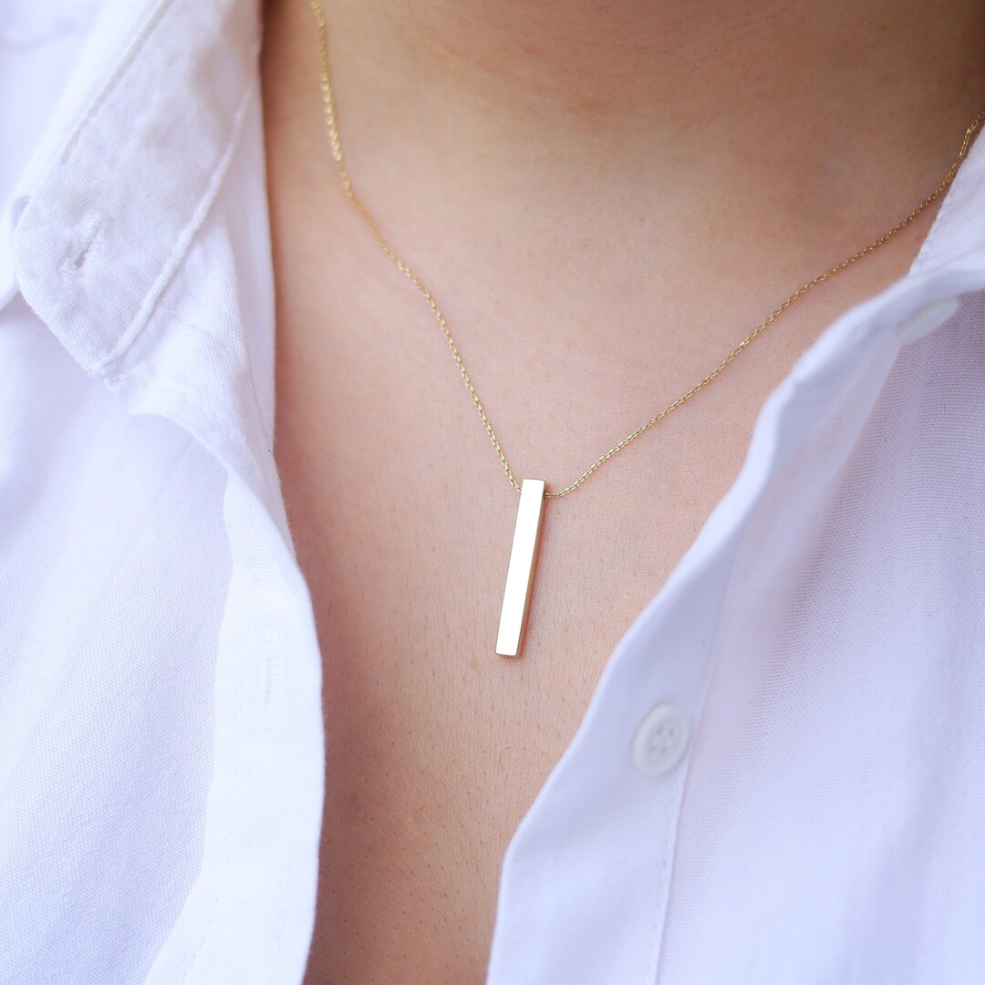 Custom Vertical Long Name Bar Necklace , 14k Solid Gold Engravable ...