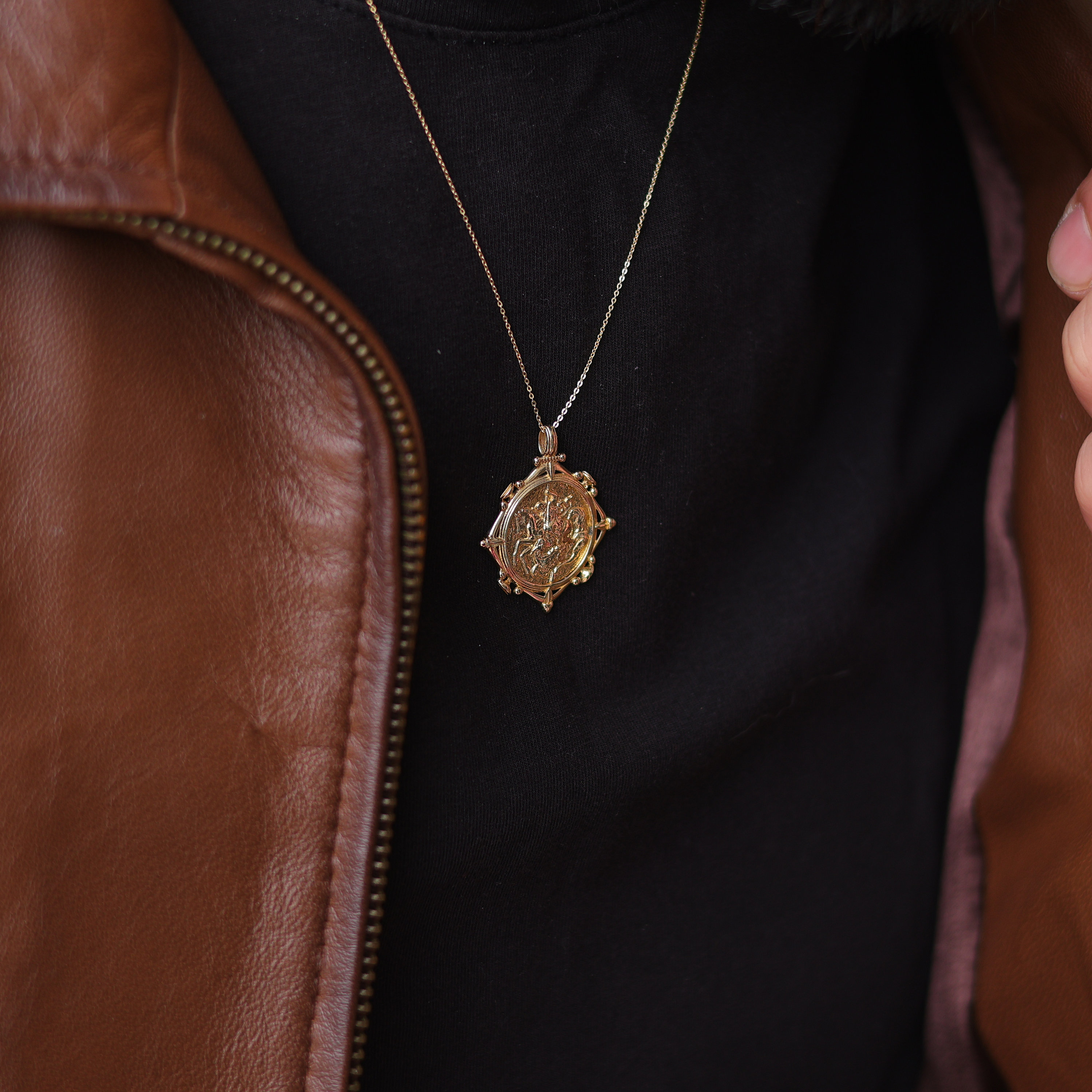 14k Solid Gold Ancient Rome Medallion Necklace , Saint George Religious ...