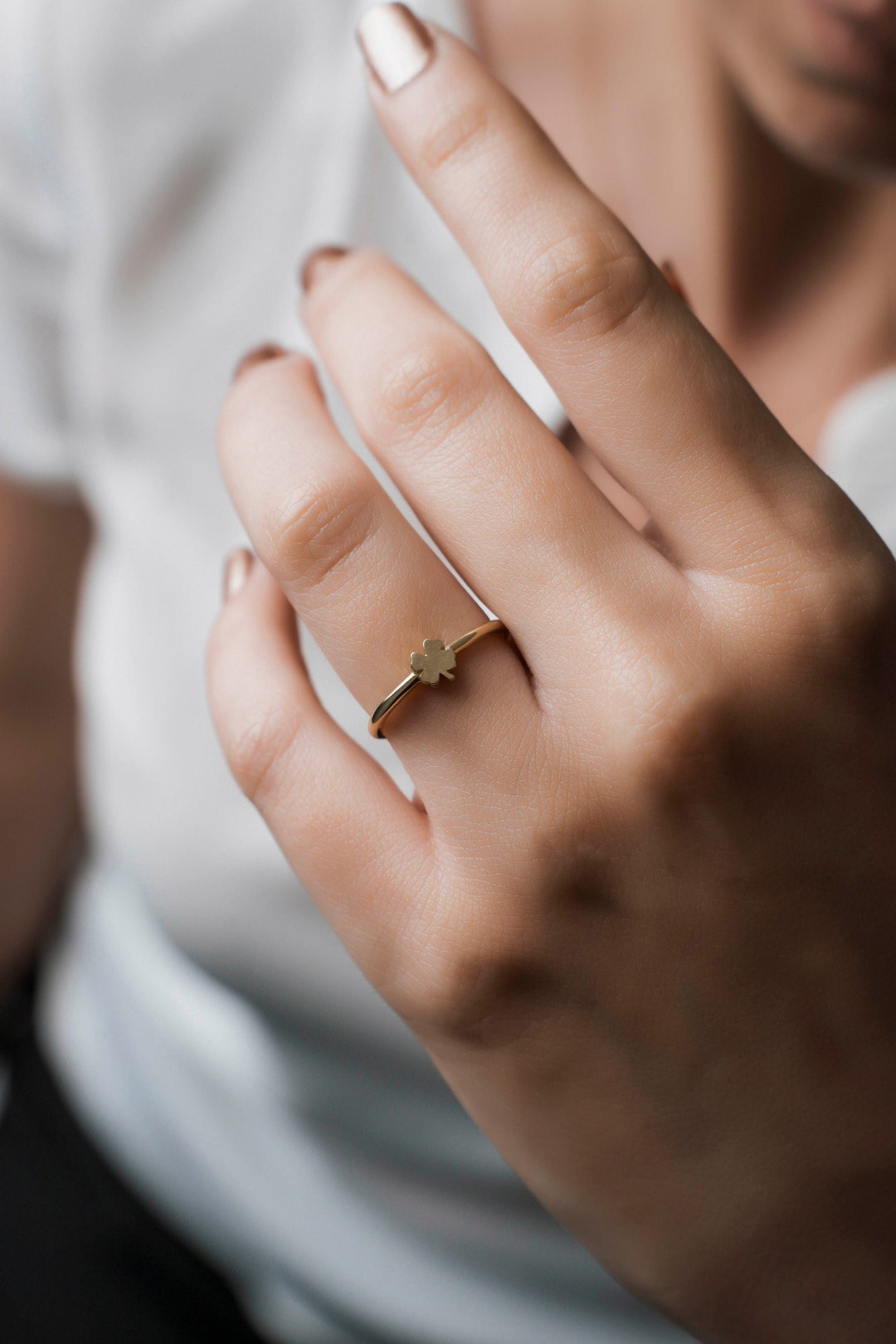 Minimalist 14k Solid Gold Shamrock Ring , Stackable Gold Clover Knuckle ...