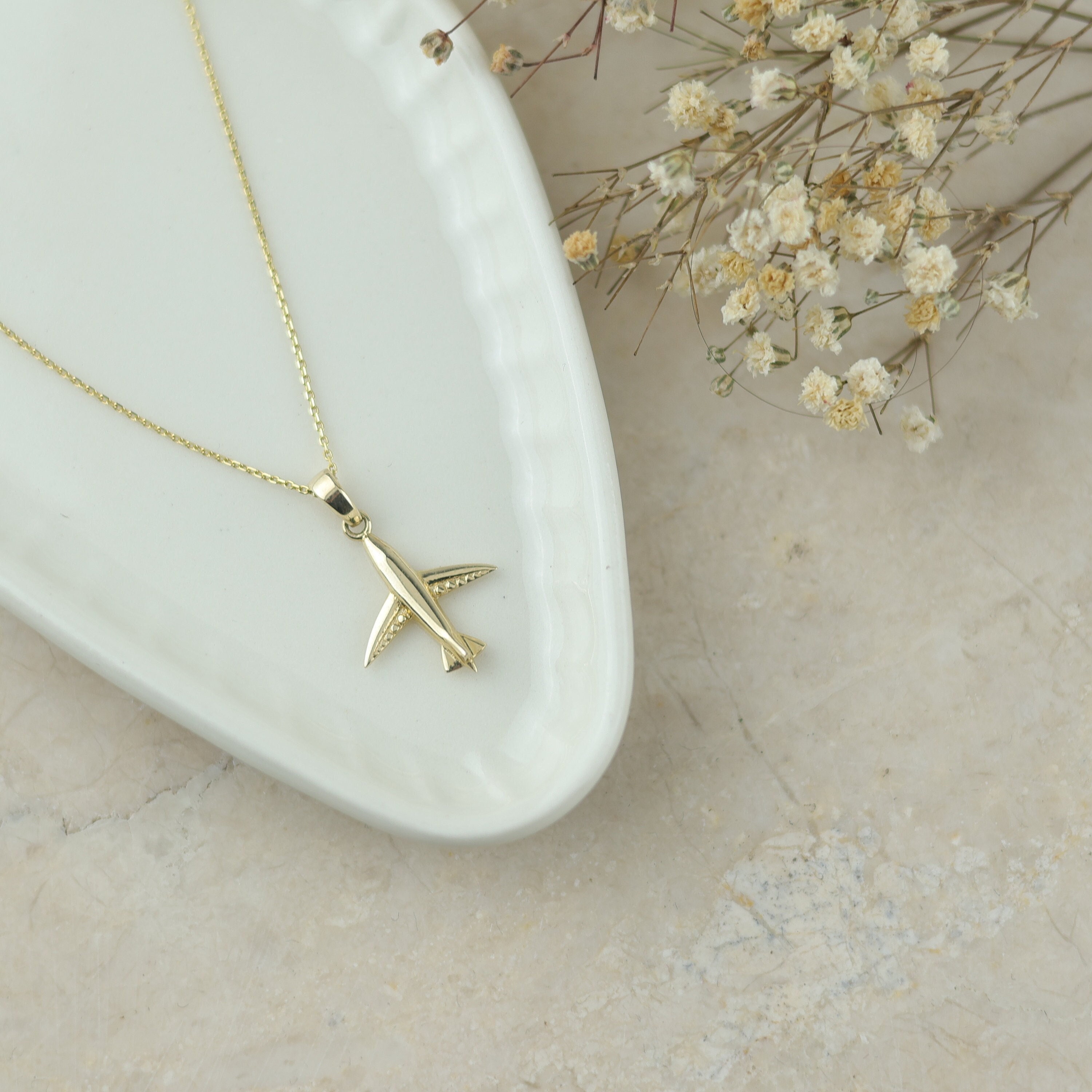 14k Solid Gold Airplane Necklace: Aviation Gift - Etsy