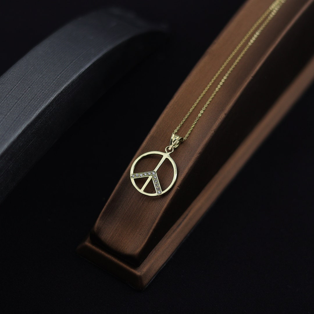 14k Solid Gold Peace Sign Necklace for Men and Women , Peace Symbol ...