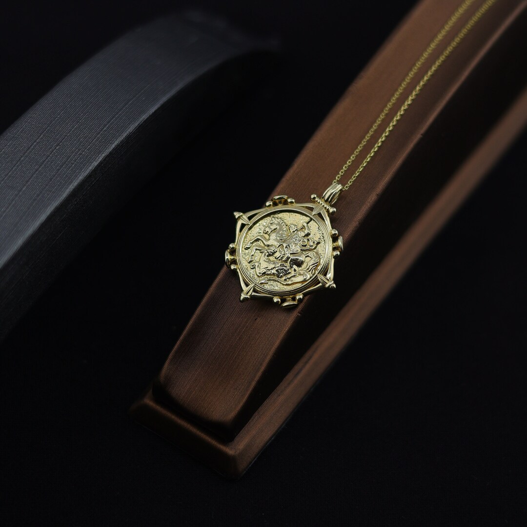 14k Solid Gold Ancient Rome Medallion Necklace , Saint George Religious ...