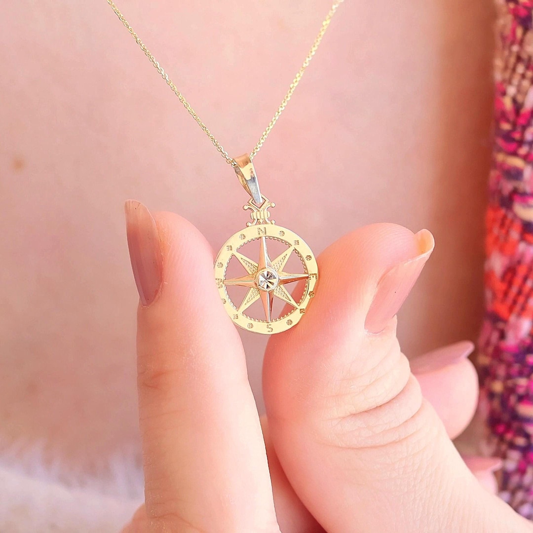 Dainty 14k Solid Gold North Star Compass Necklace for Womens , Compass ...