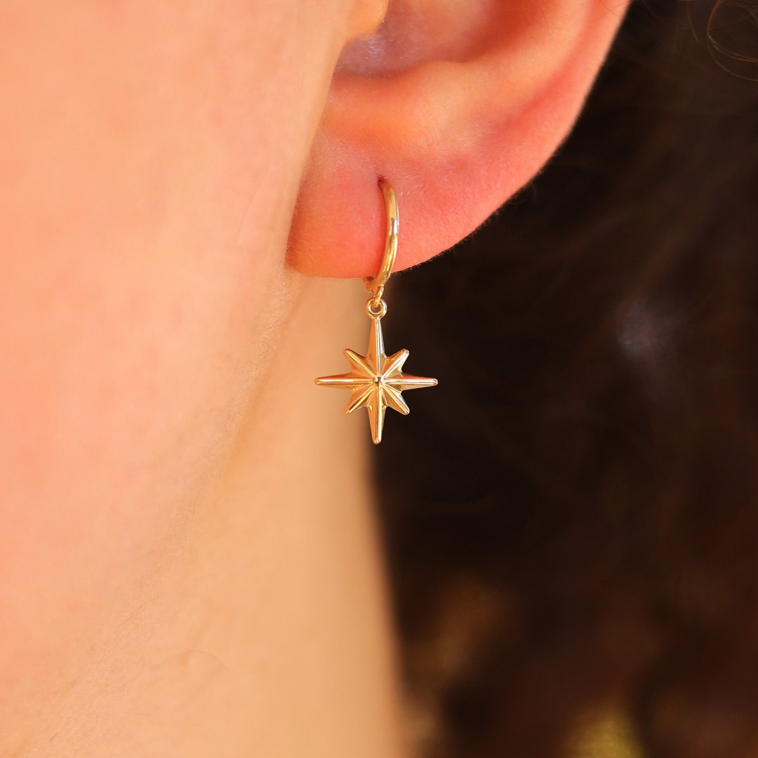 14k Solid Gold North Star Hoop Earrings for Womens , Dangle Drop North ...