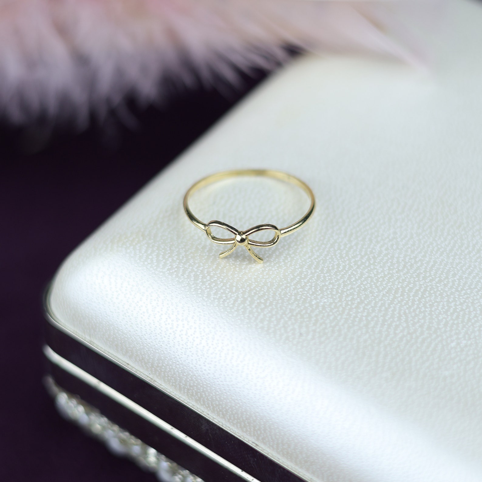 Minimalist Gold Bow Tie Ring , 14k Solid Gold Cz Diamond Ribbon Bow ...