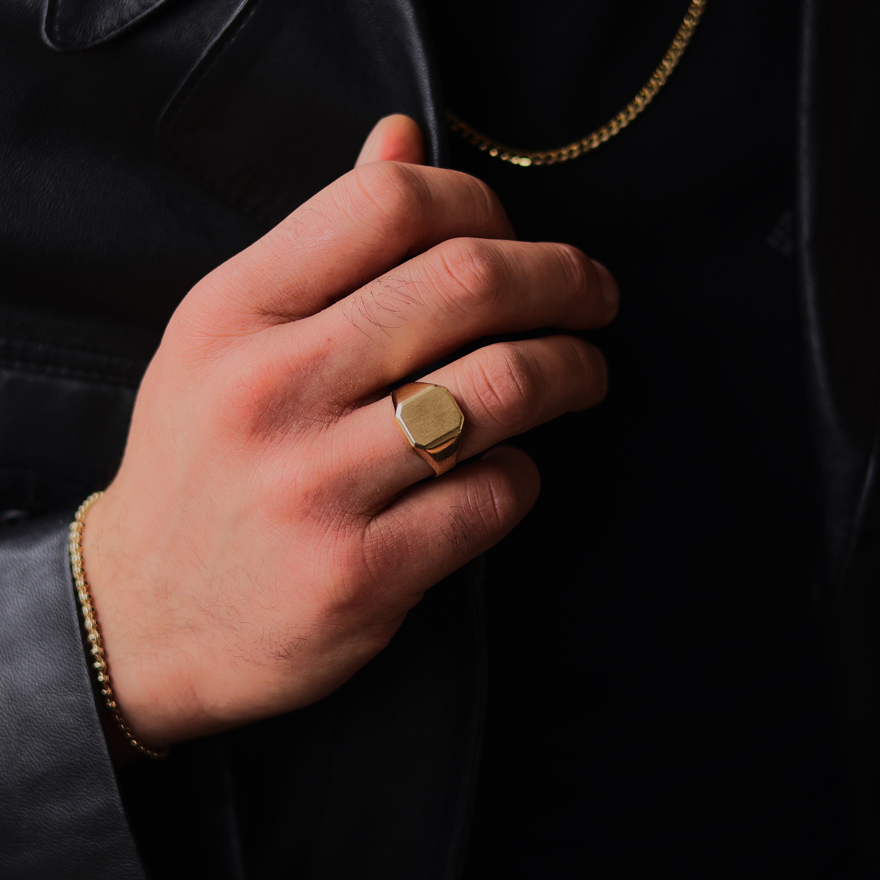 Personalized Gold Signet Ring for Men , 14k Solid Gold Rectangle ...