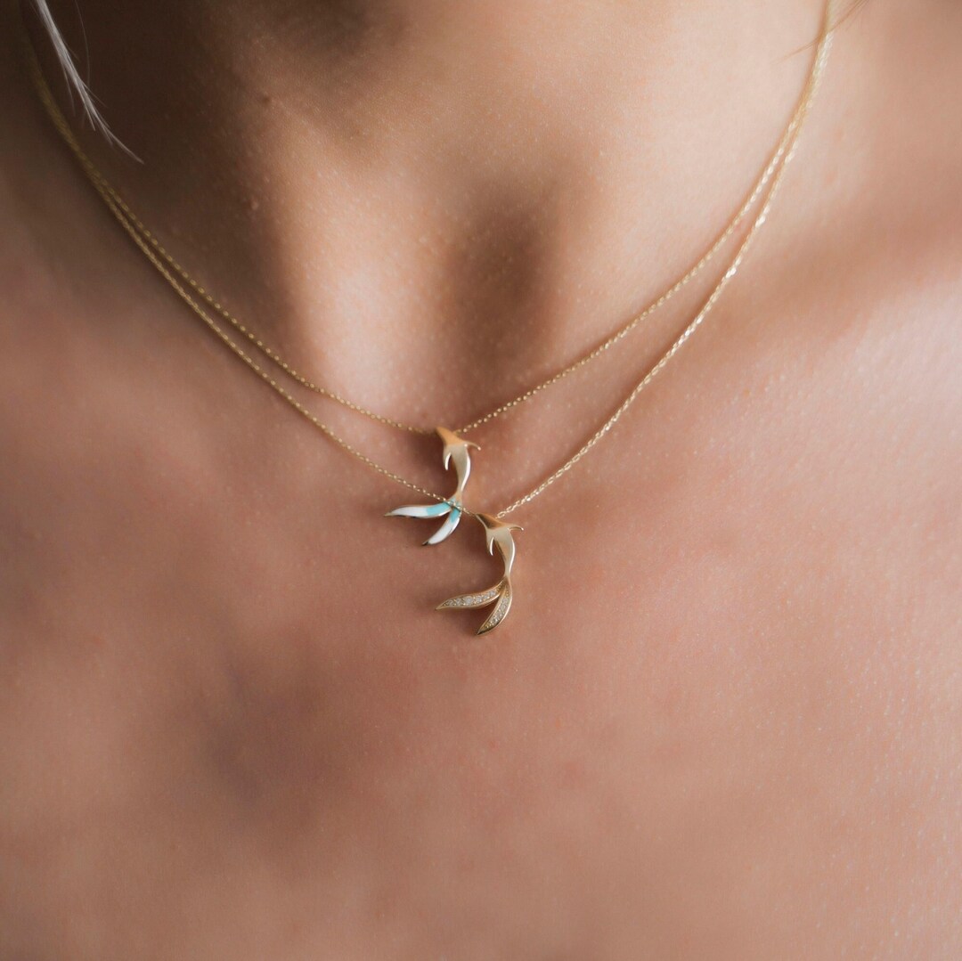 14k Solid Gold Mermaid Necklace: Blue Enamel or Cubic Zirconia - Etsy