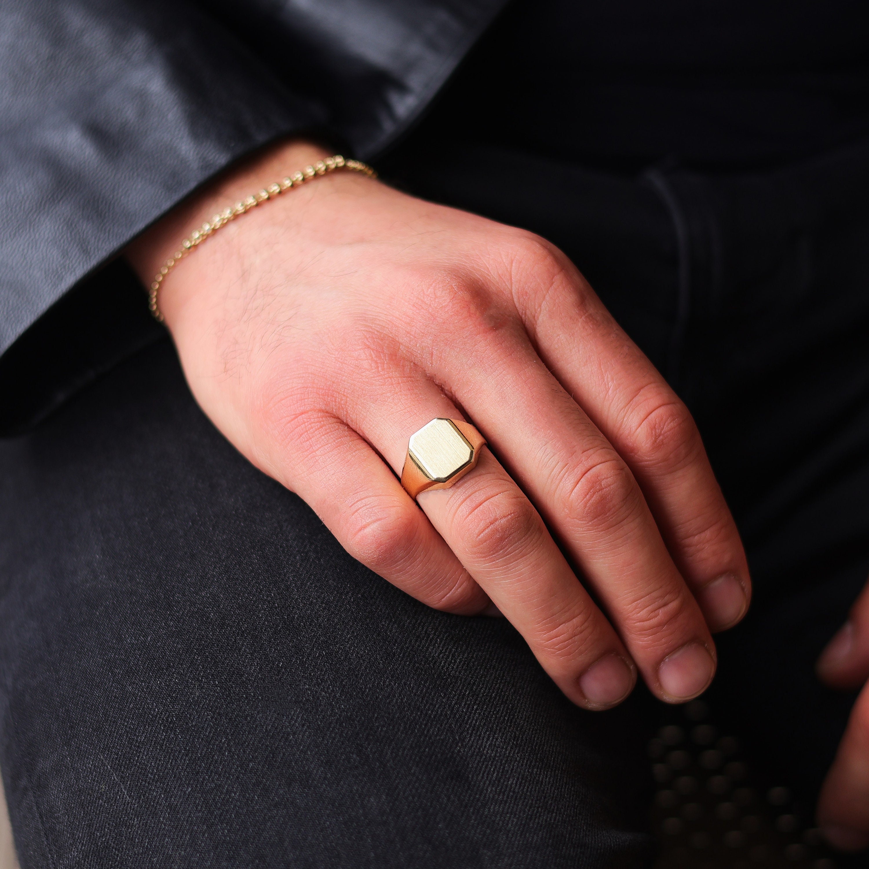 Personalized Gold Signet Ring for Men , 14k Solid Gold Rectangle ...