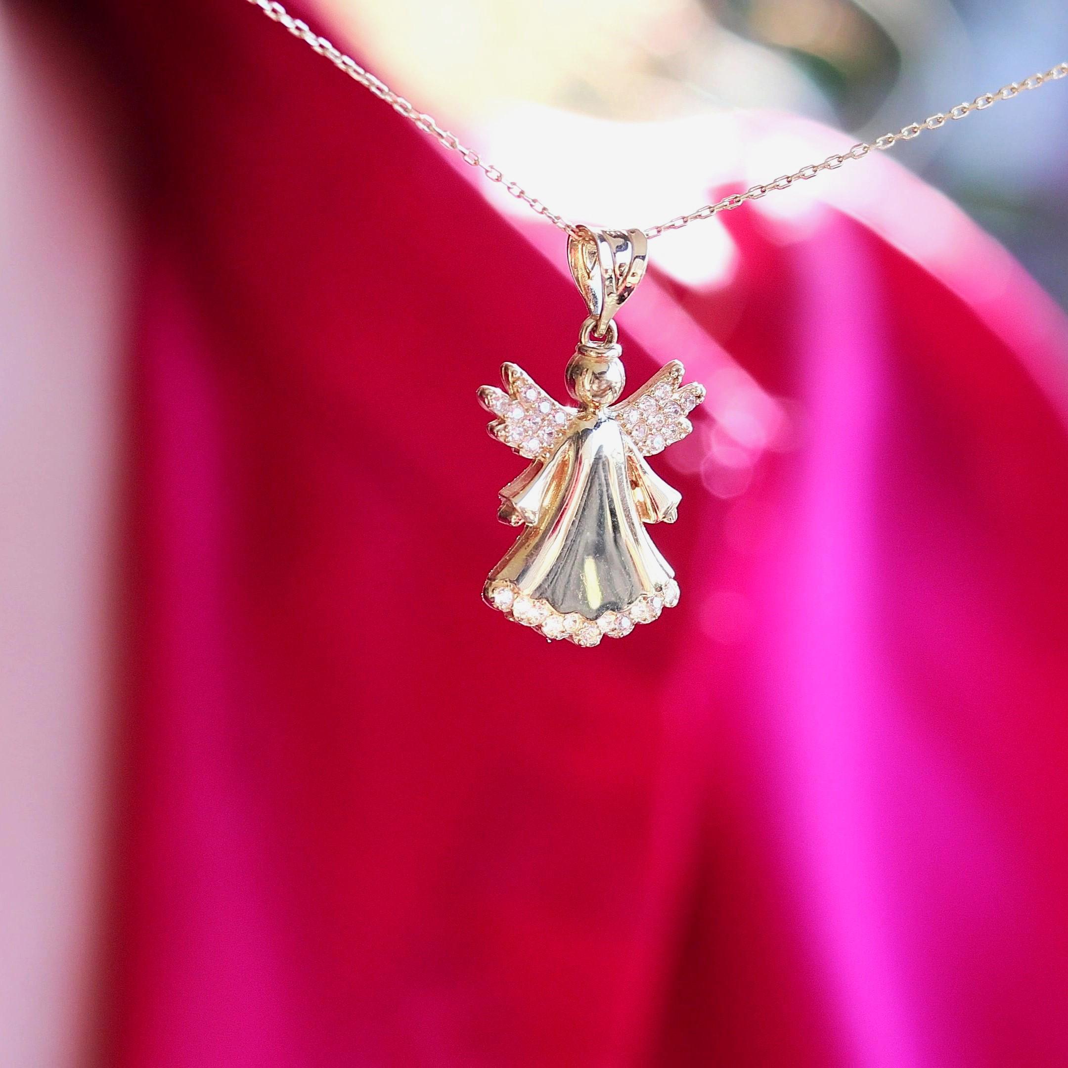 Dainty 14k Solid Gold Guardian Angel Necklace for Women , Gold ...