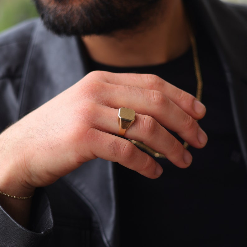 Personalized Gold Signet Ring for Men , 14k Solid Gold Rectangle ...