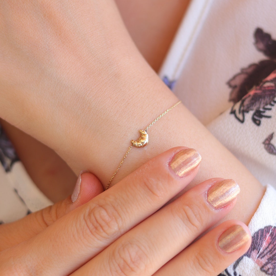 14k Solid Gold Croissant Bracelet for Womens , Cute Jewelry Gift Her , Valentines Day Gift for ...