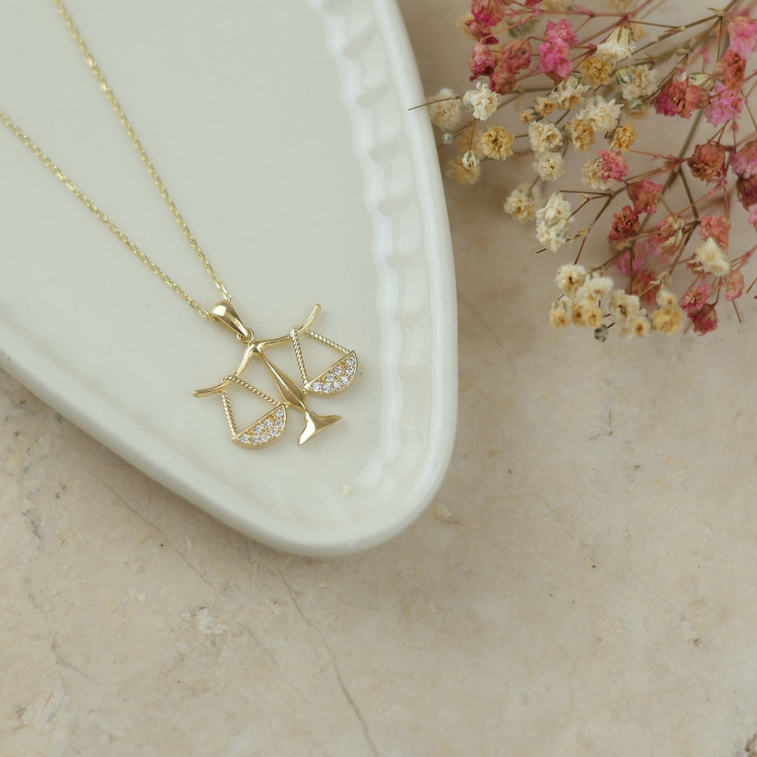 14k Solid Gold Scale of Justice Necklace for Attorney , Gold Libra ...