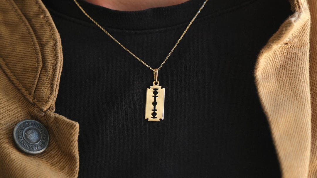 Engravable Blade Pendant , 14k Solid Gold Razor Blade Necklace , Knife ...