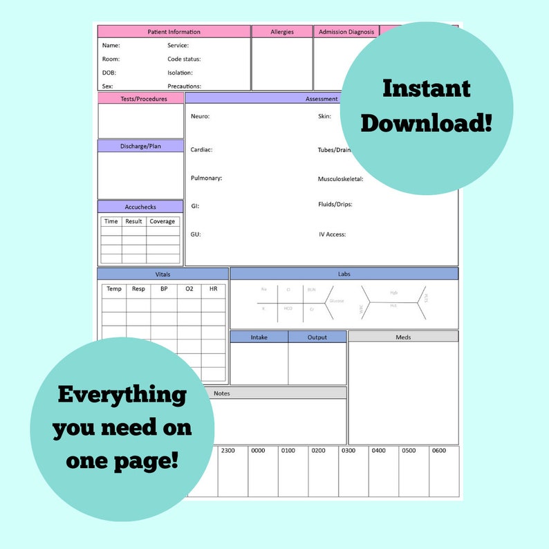 Nurse Report Sheet With Hourly Rounding, ICU Nurse Report Sheet, Med ...