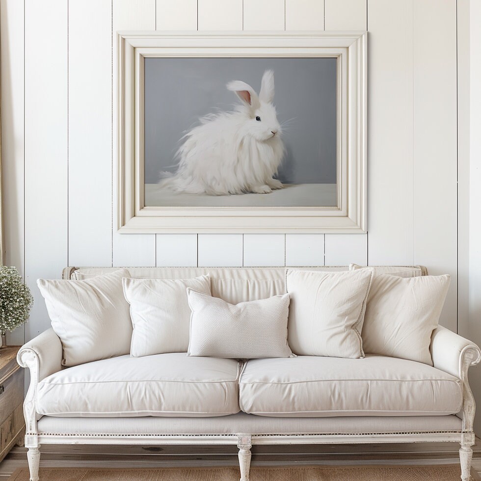 Fluffy White Bunny Rabbit Dusty Blue | Easter Art | Digital Download ...