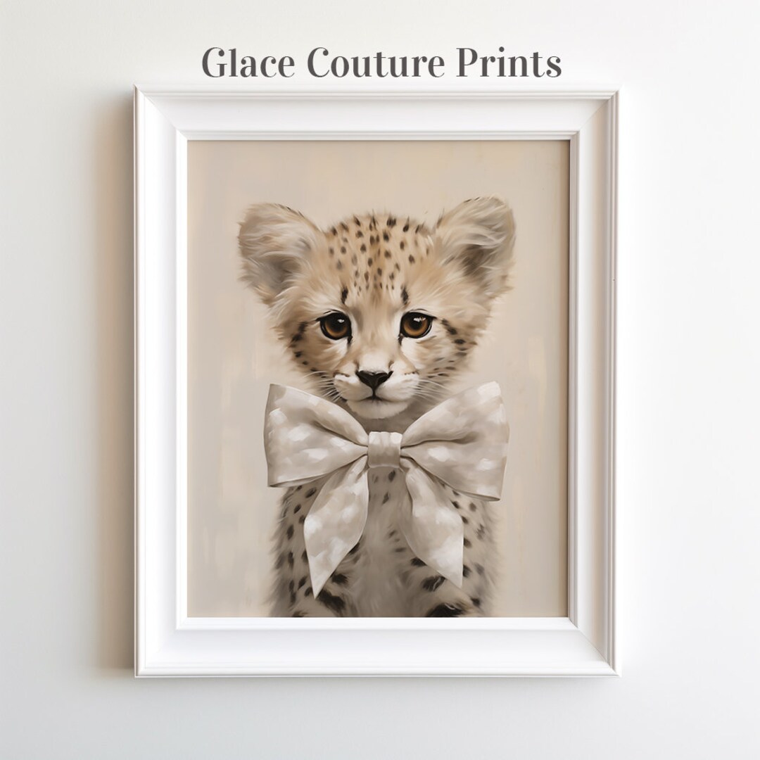 Baby Cheetah Art Print With Neutral Bow, Animal Nursery Decor (digital ...