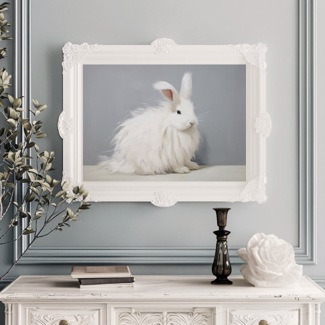 Fluffy White Bunny Rabbit Dusty Blue | Easter Art | Digital Download ...