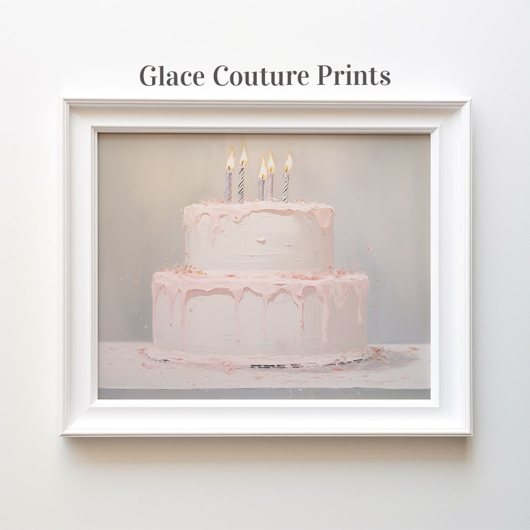 Layer Cake Art Print Pink Cake With Candles Painting Dessert Instant ...