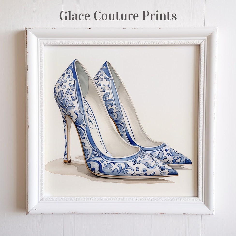 Pair of Blue and White Print Stiletto Shoes Square Image Ratio Digital ...