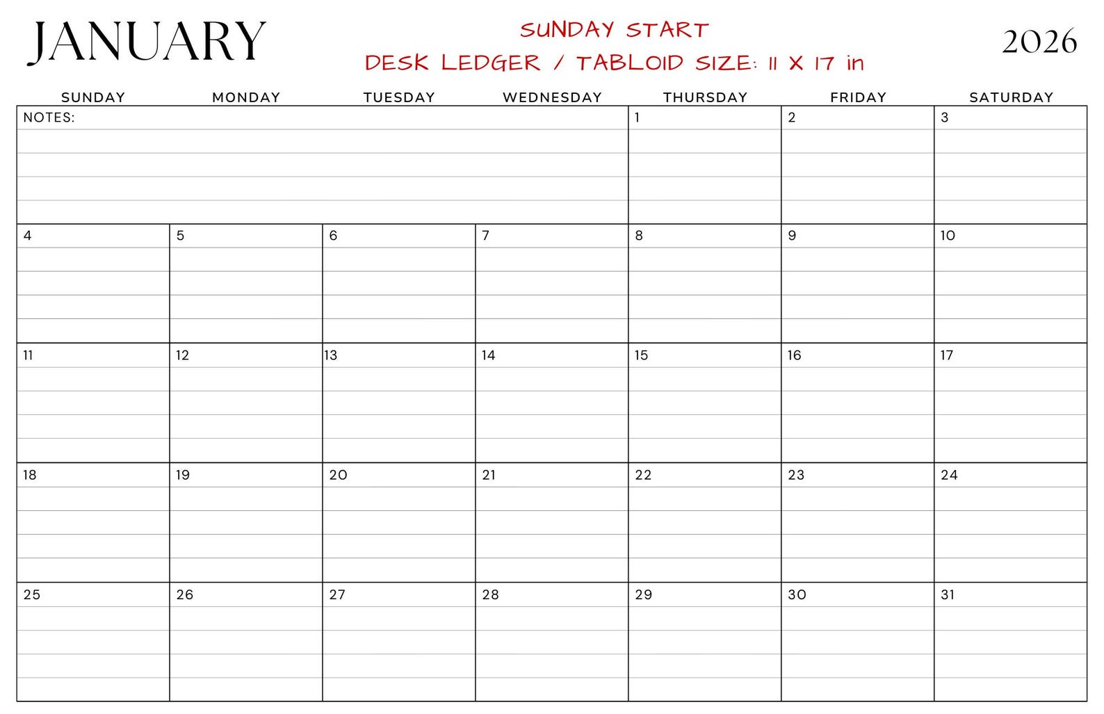 Lined Calendar – Minimalist PDF | Monday & Sunday Start, US Letter ...