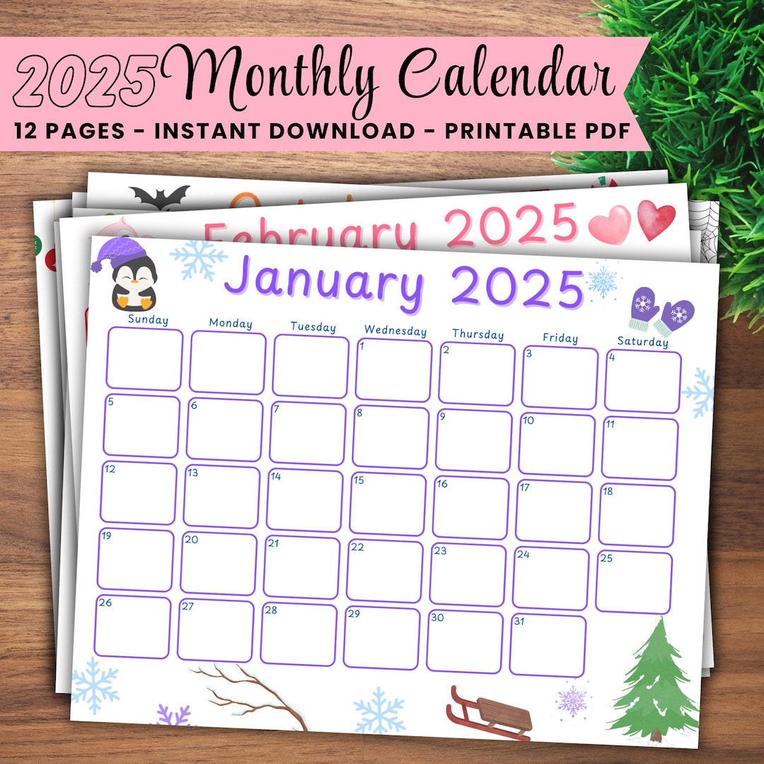 2025 Printable Calendar, Cute Kids Calendar 2025, Wall Calendar PDF ...
