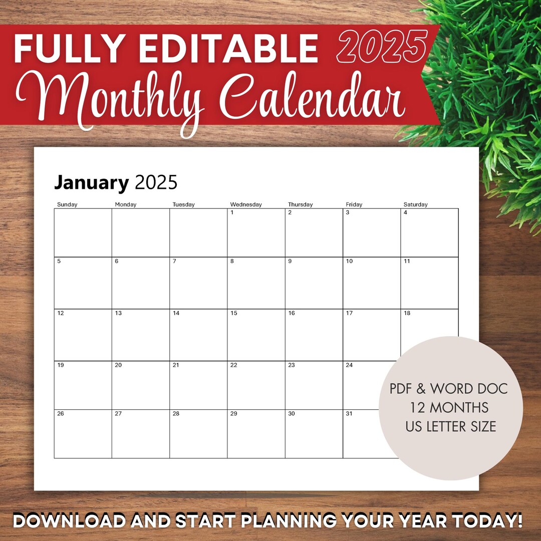 2025 Editable Monthly Calendar, Minimalist Black & White Printable ...