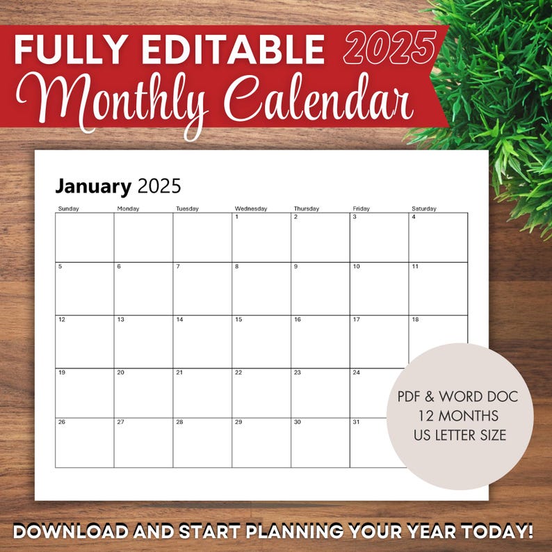 2025 Editable Monthly Calendar, Minimalist Black & White Printable ...