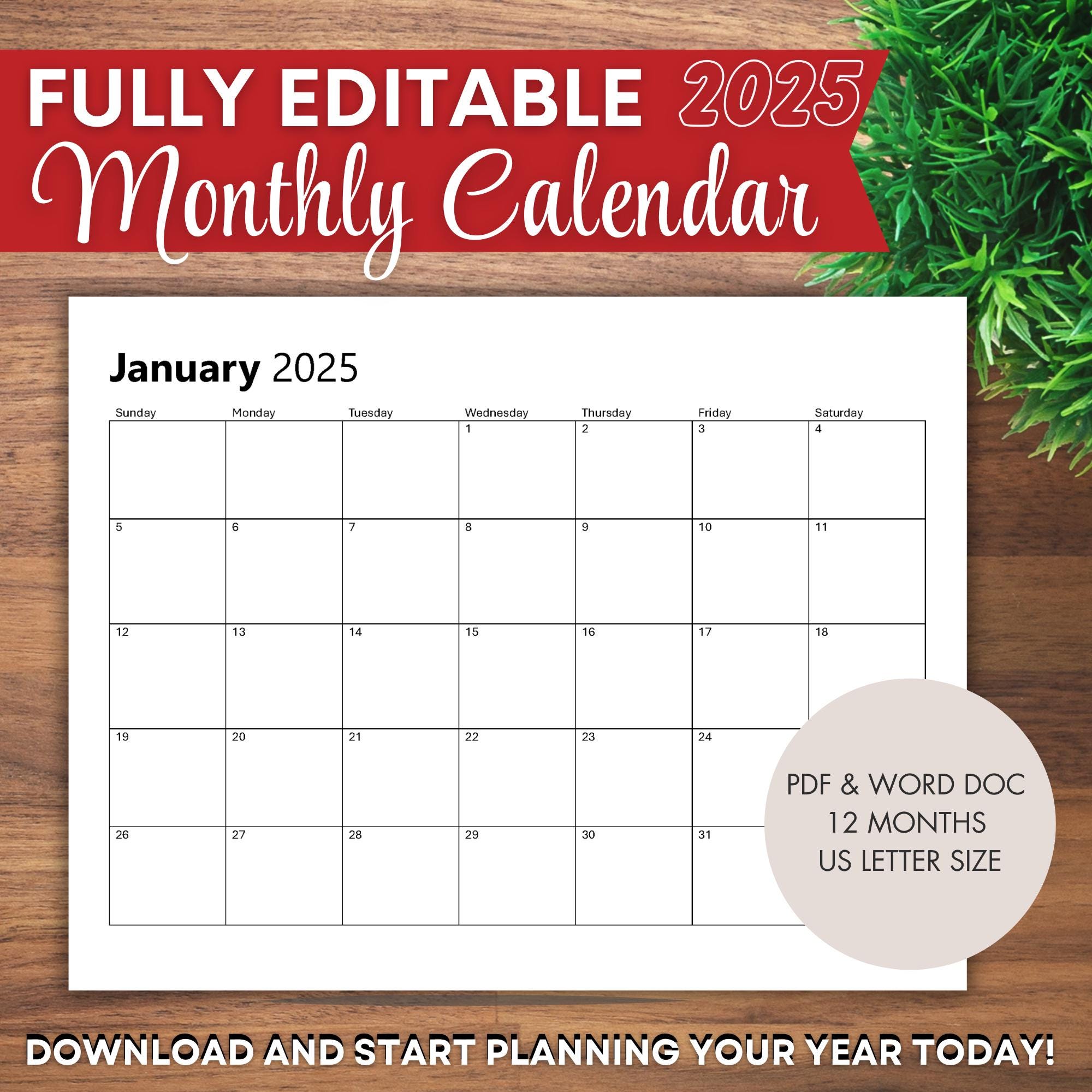 2025 Editable Monthly Calendar, Minimalist Black & White Printable ...