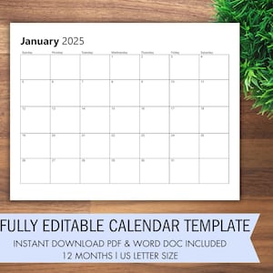 2025 Editable Monthly Calendar, Minimalist Black & White Printable ...
