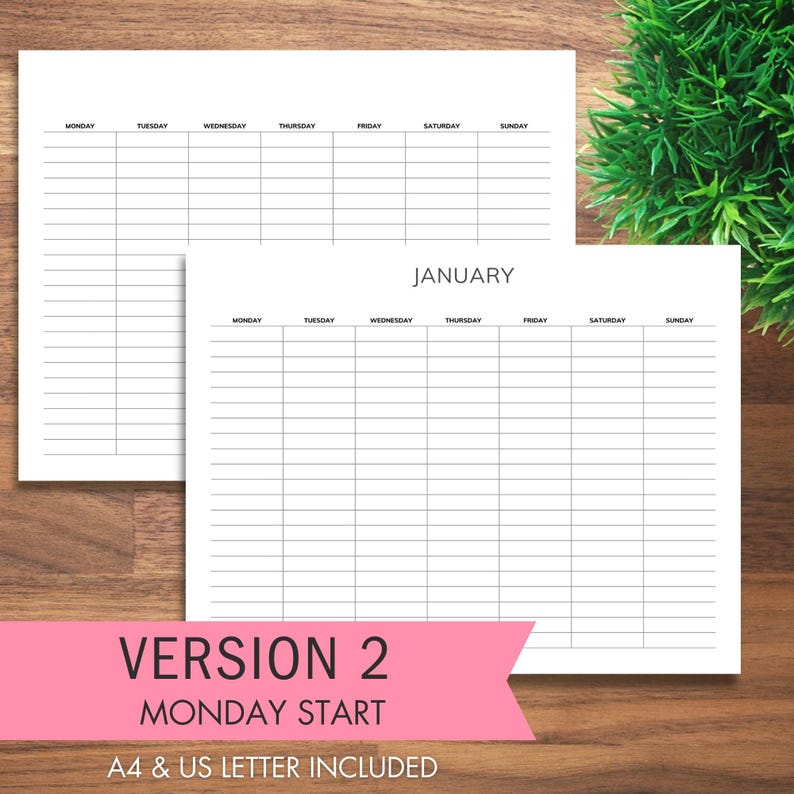 Undated Monthly Calendar PDF L Landscape Printable Lined A4 & US Letter ...