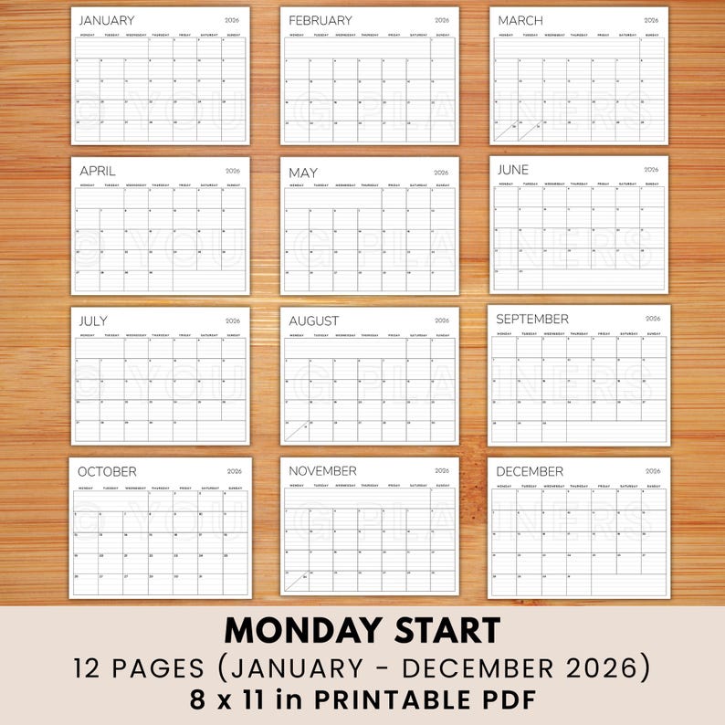 Lined Monthly 2026 Calendars | 8.5x11 | LANDSCAPE | Jan - Dec | PDF ...