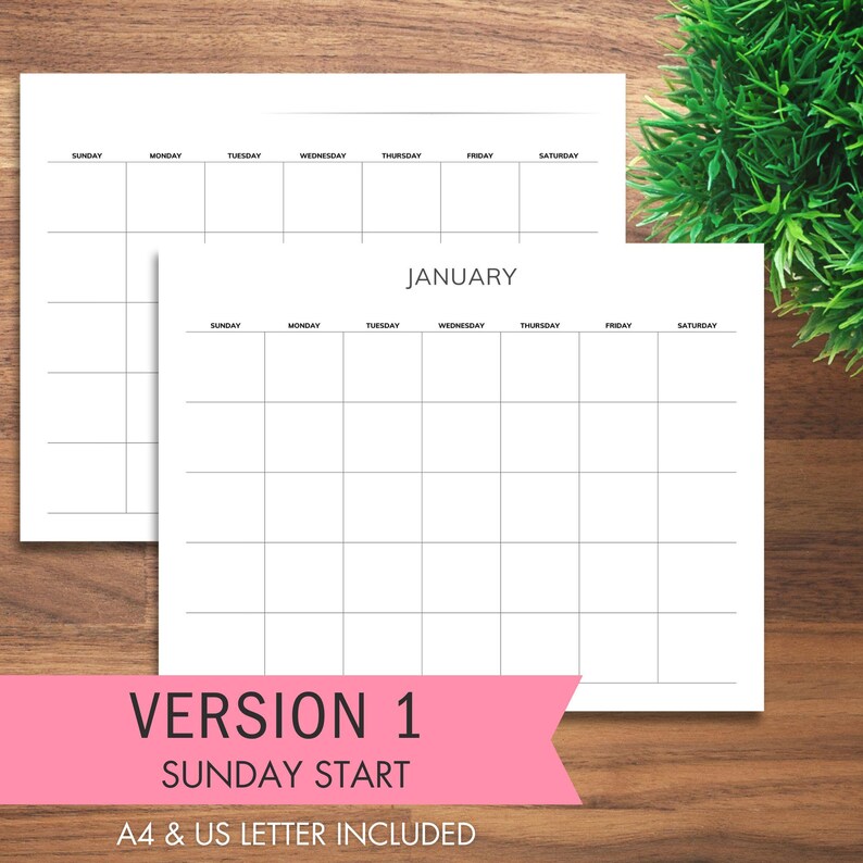Undated Monthly Calendar PDF L Landscape Printable Lined A4 & US Letter ...