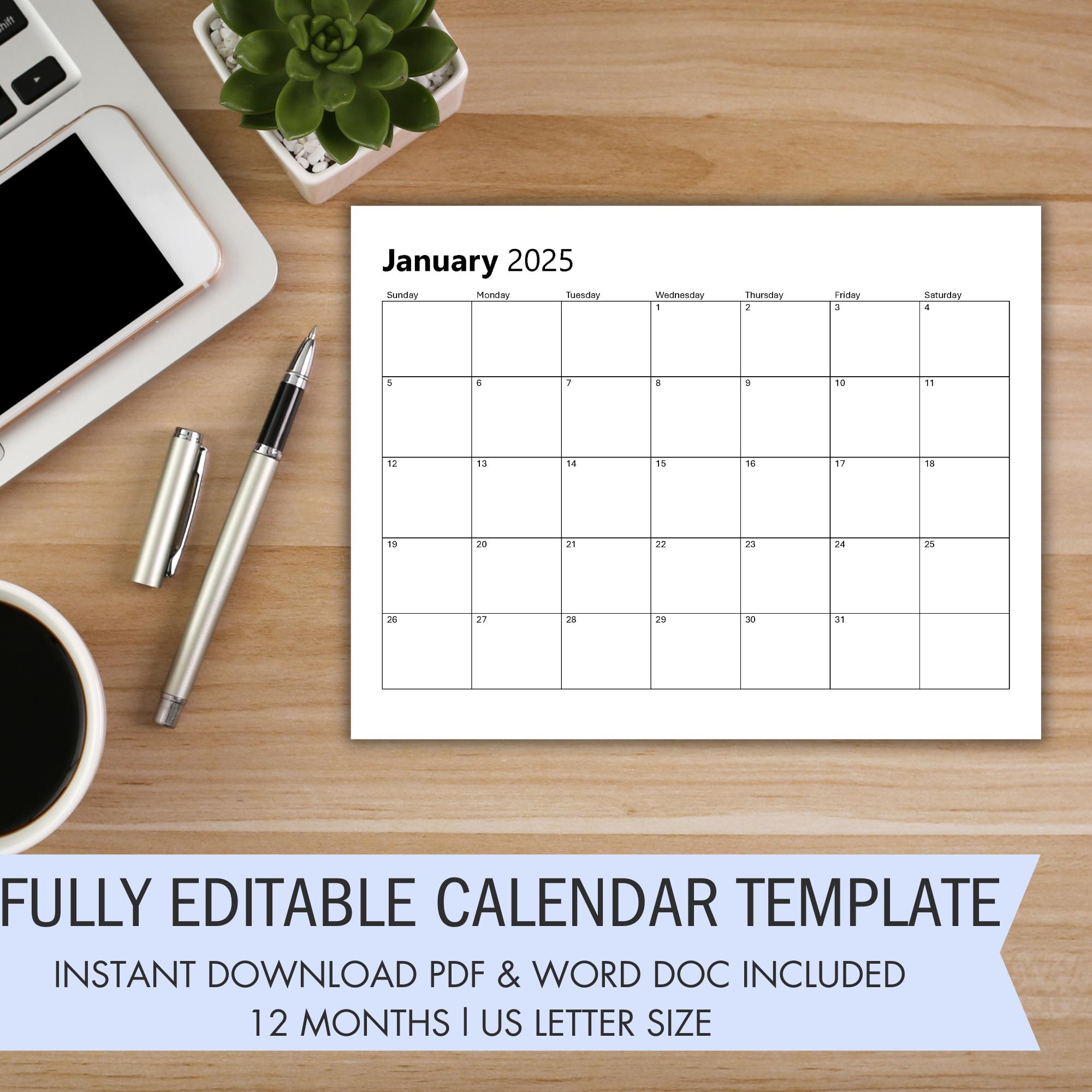 2025 Editable Monthly Calendar, Minimalist Black & White Printable ...