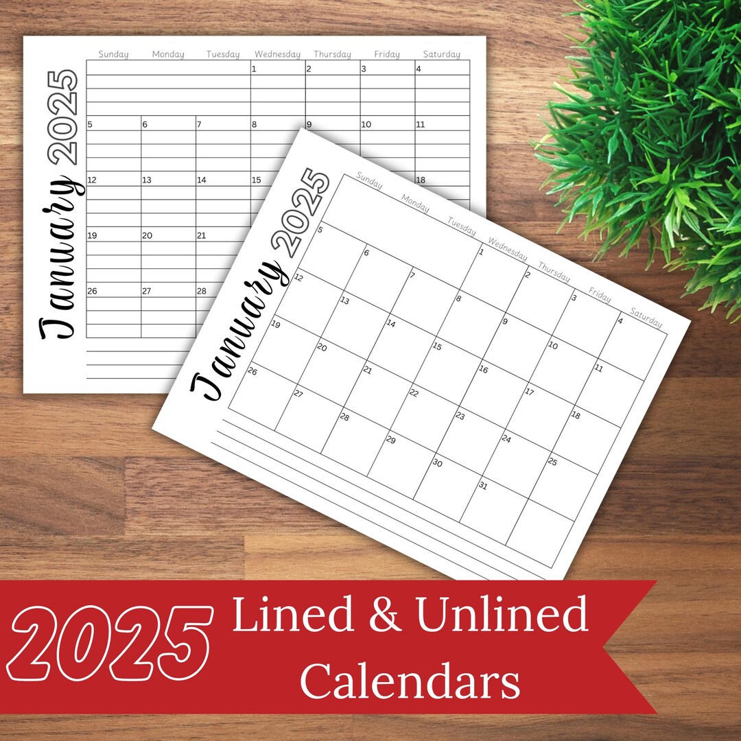 2025 Printable Monthly Calendar PDF Black & White Lined and Unlined US ...